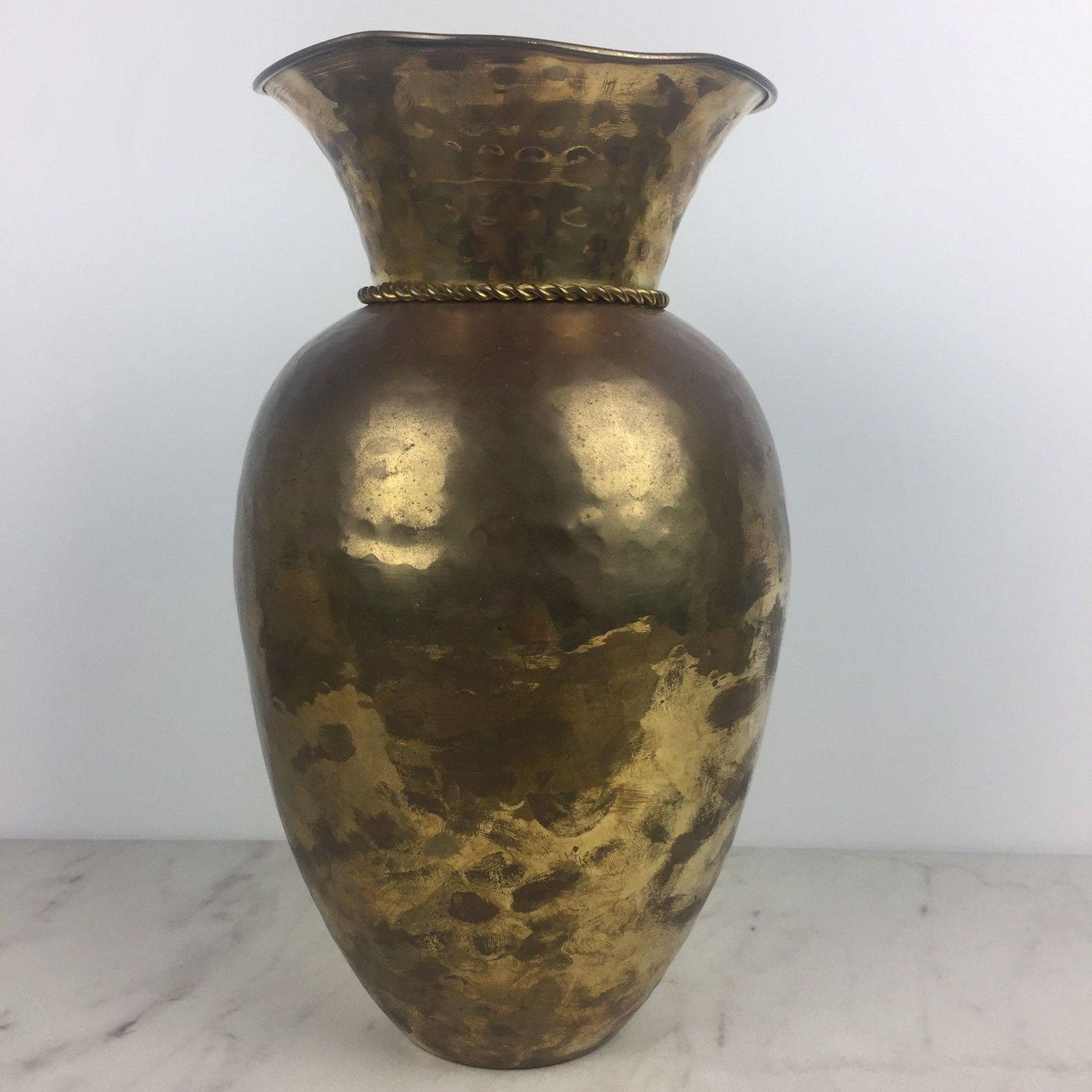 Vintage Large Hammered Brass Vase Ruffled Rim Brass Tassels Solid ...