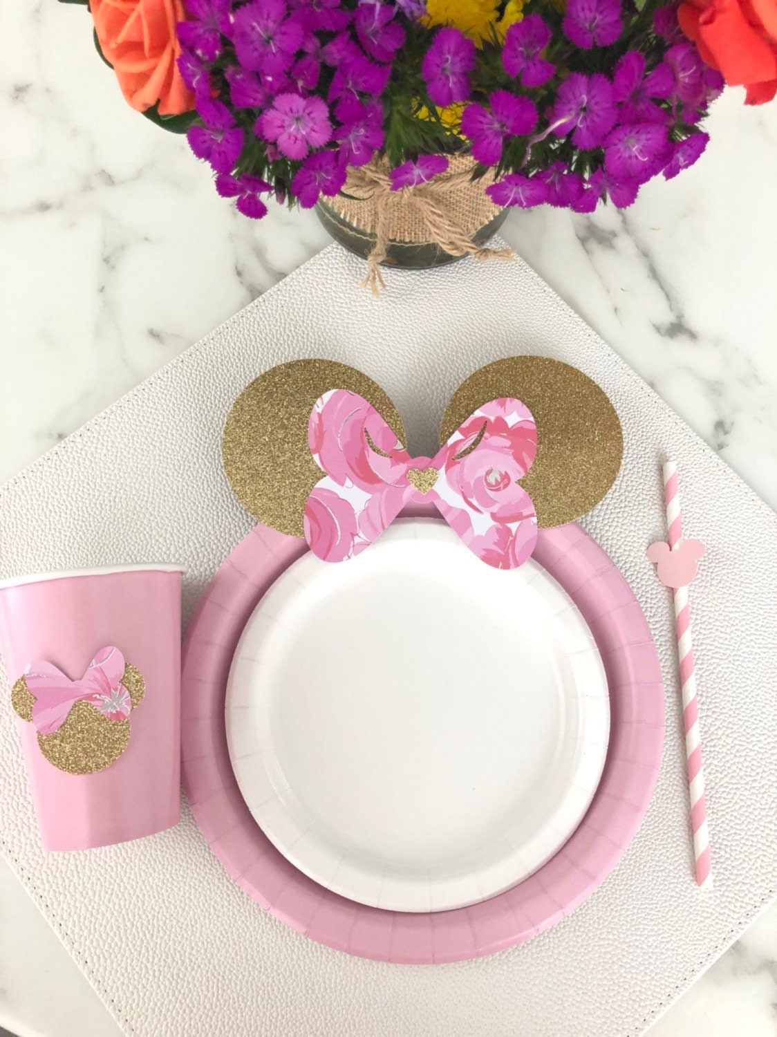 10 Pink Floral Gold Glitter Minnie Mouse Birthday Table Set | Etsy