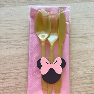 UTENSILS Minnie Mickey Mouse, Gold Utensils, Pink Napkins Fork Spoon ...