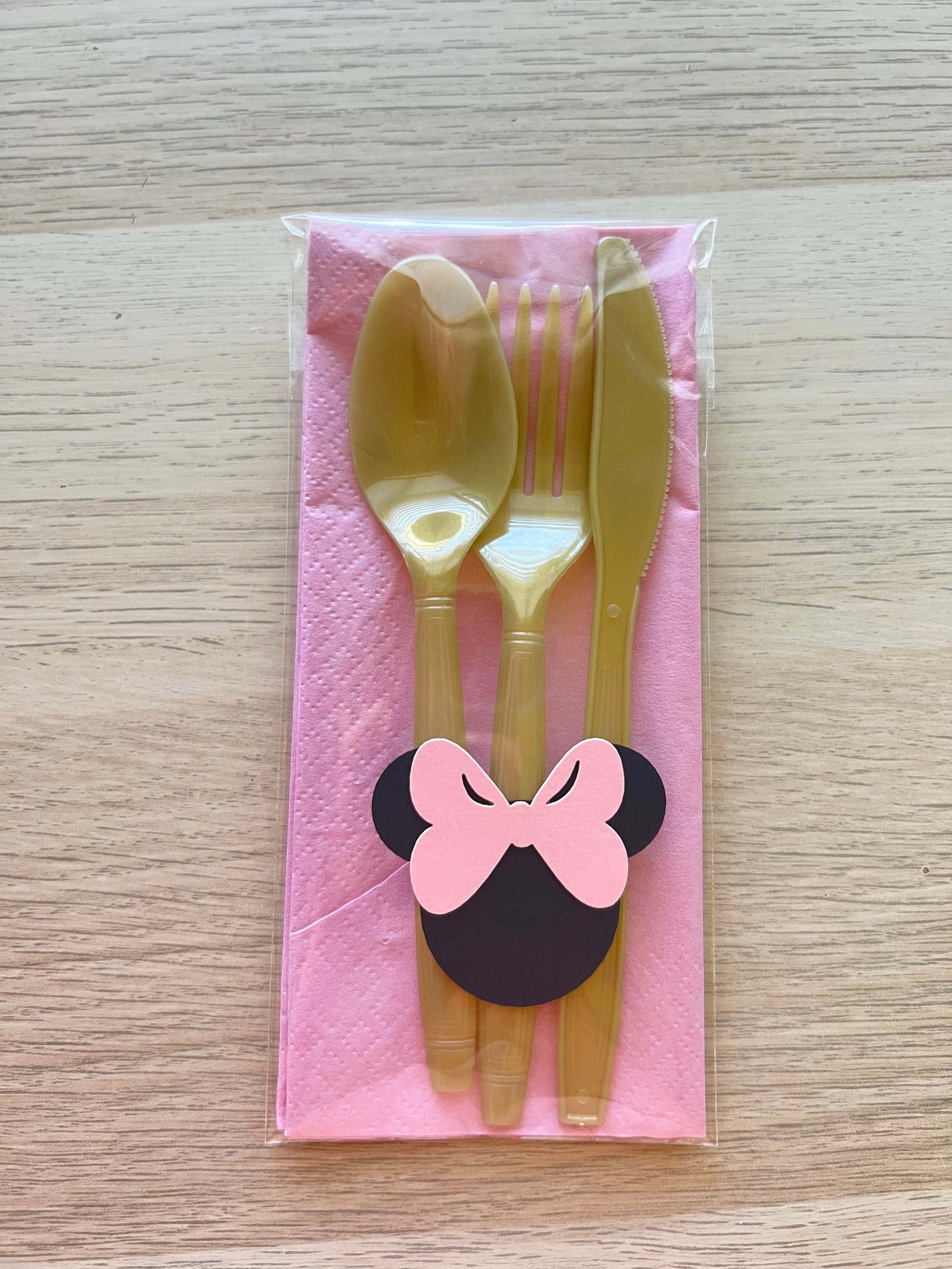 Minnie Mouse Birthday Party Utensils: Gold Fork, Spoon & Pink Napkin ...