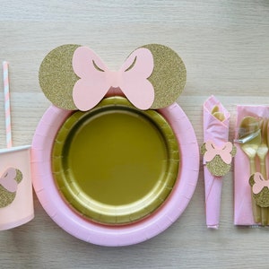 UTENSILS Minnie Mickey Mouse, Gold Utensils, Pink Napkins Fork Spoon ...