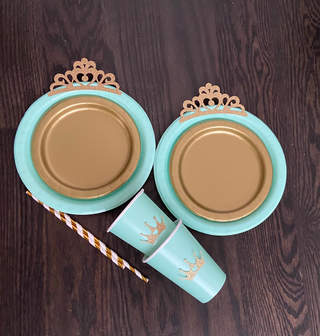 10 PRINCESS Mint Gold Glitter Crown Royal Birthday Table Set Plates ...