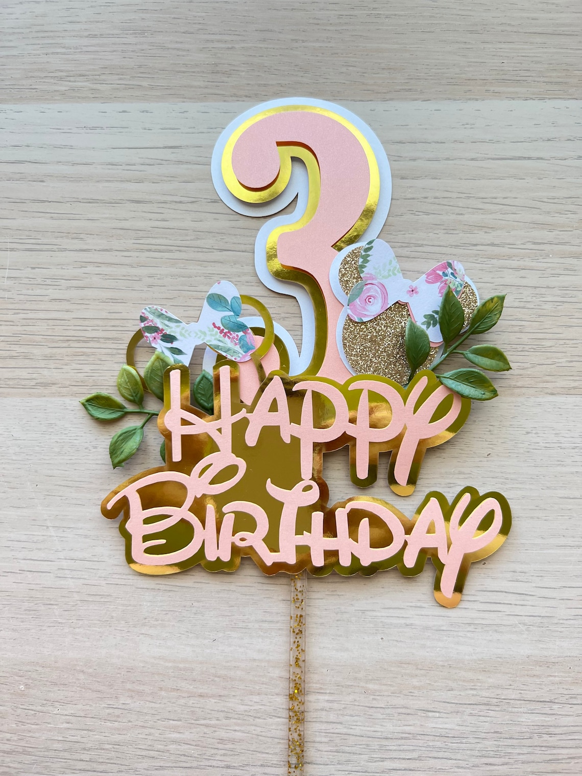 CAKE TOPPER Pink Gold Number 3 Glitter Minnie Mouse Birthday | Etsy