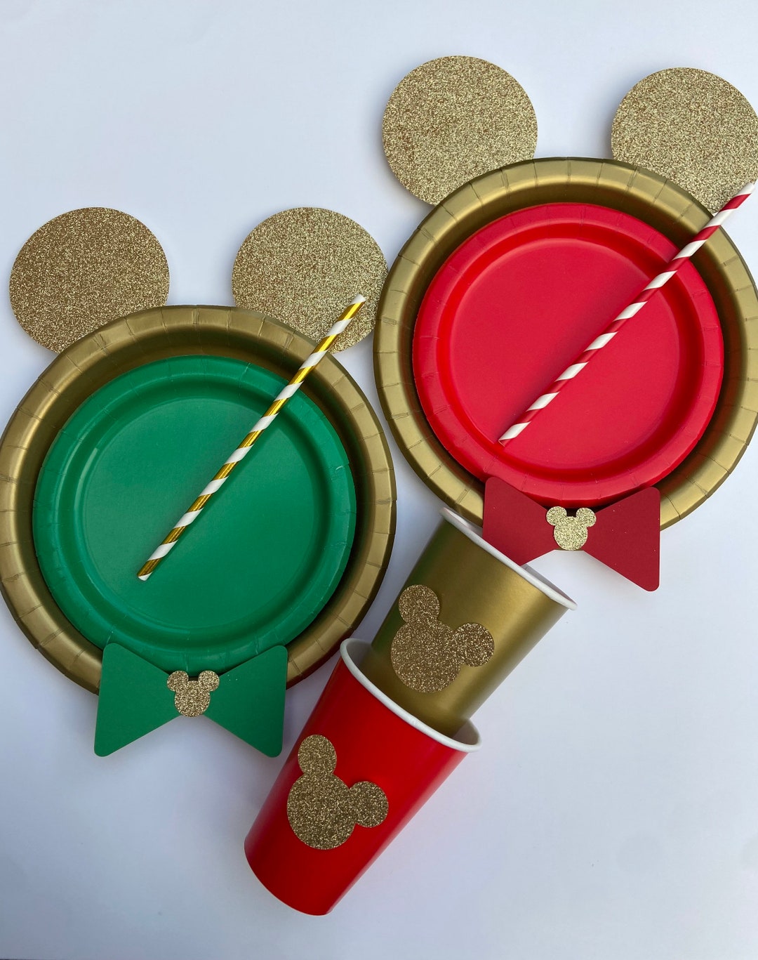 Christmas Mickey Mouse Birthday Table Set Red Green Gold Glitter Plates ...
