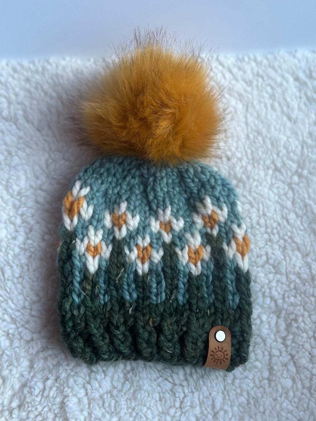 Knit Daisy Flower Hat: Fair Isle Style, Faux Fur Pom - Etsy