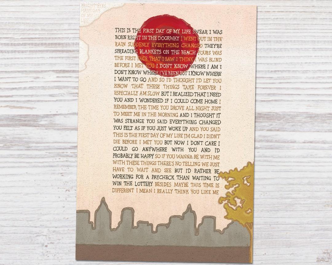 Bright Eyes First Day of My Life Hand-illustrated Song Lyrics Indie ...