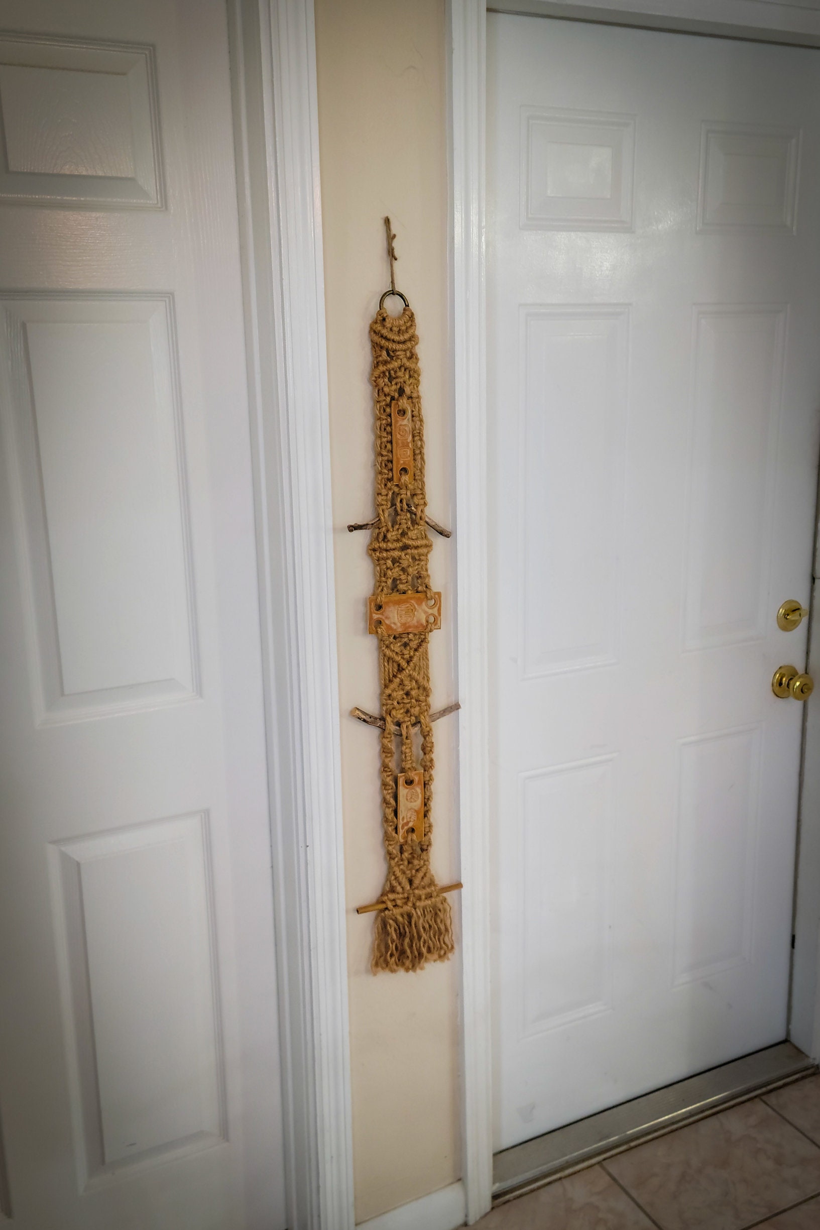Tan Macramé Jute, Ceramics, Wood, Bamboo, Wall Hanging, 7 1/2 Inch by ...