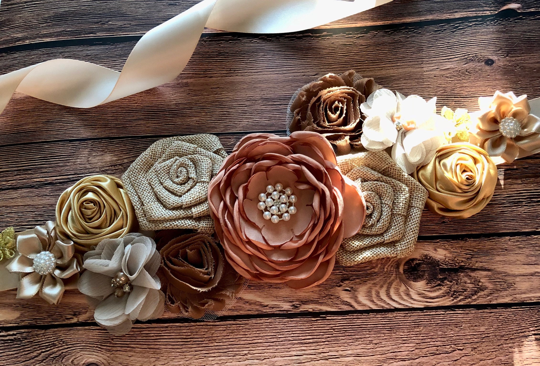 Fall Sash Brown Cream Flower Sash Jute Burlap Flowers | Etsy