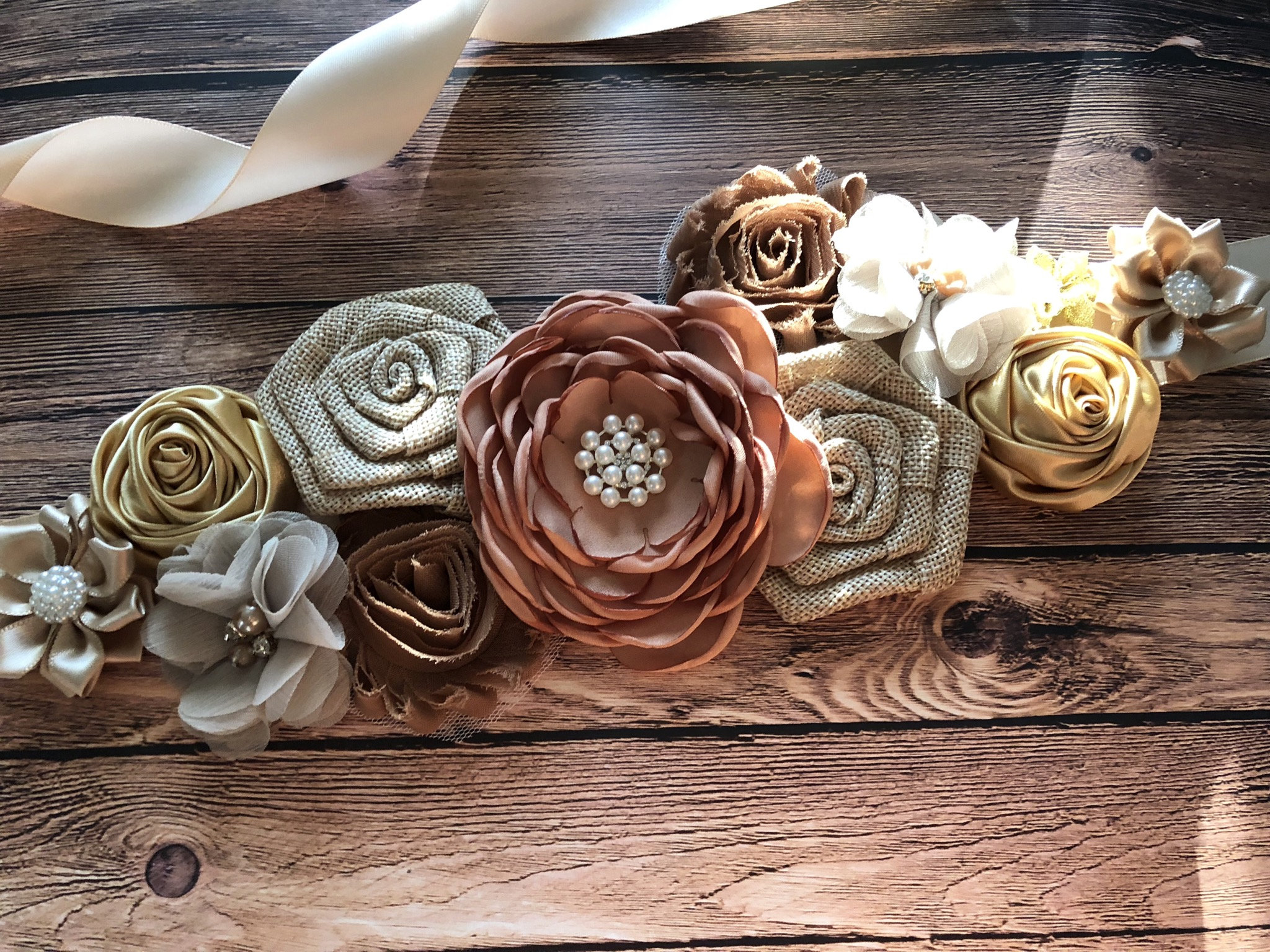 Fall Sash Brown Cream Flower Sash Jute Burlap Flowers - Etsy