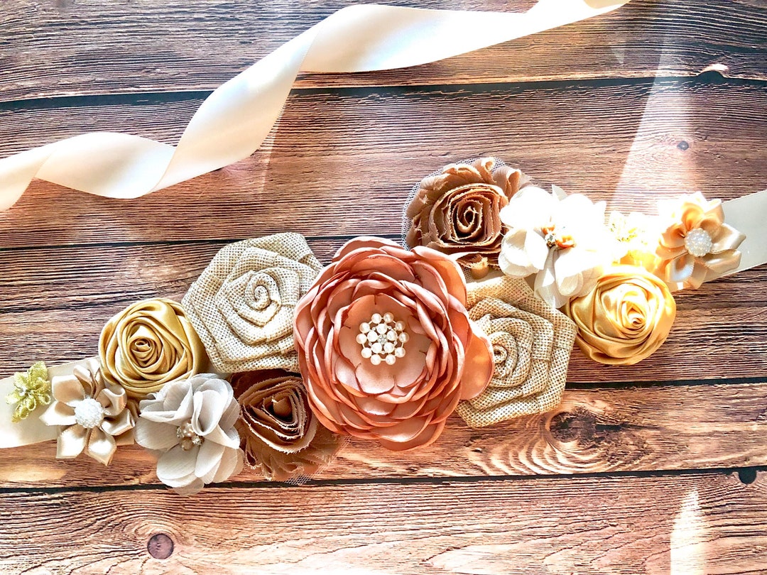 Fall Sash Brown Cream Flower Sash Jute Burlap Flowers Maternity Flower ...