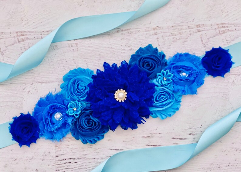 Blue Baby Shower Sash Shades of Blue Flower Sash Photo Prop - Etsy