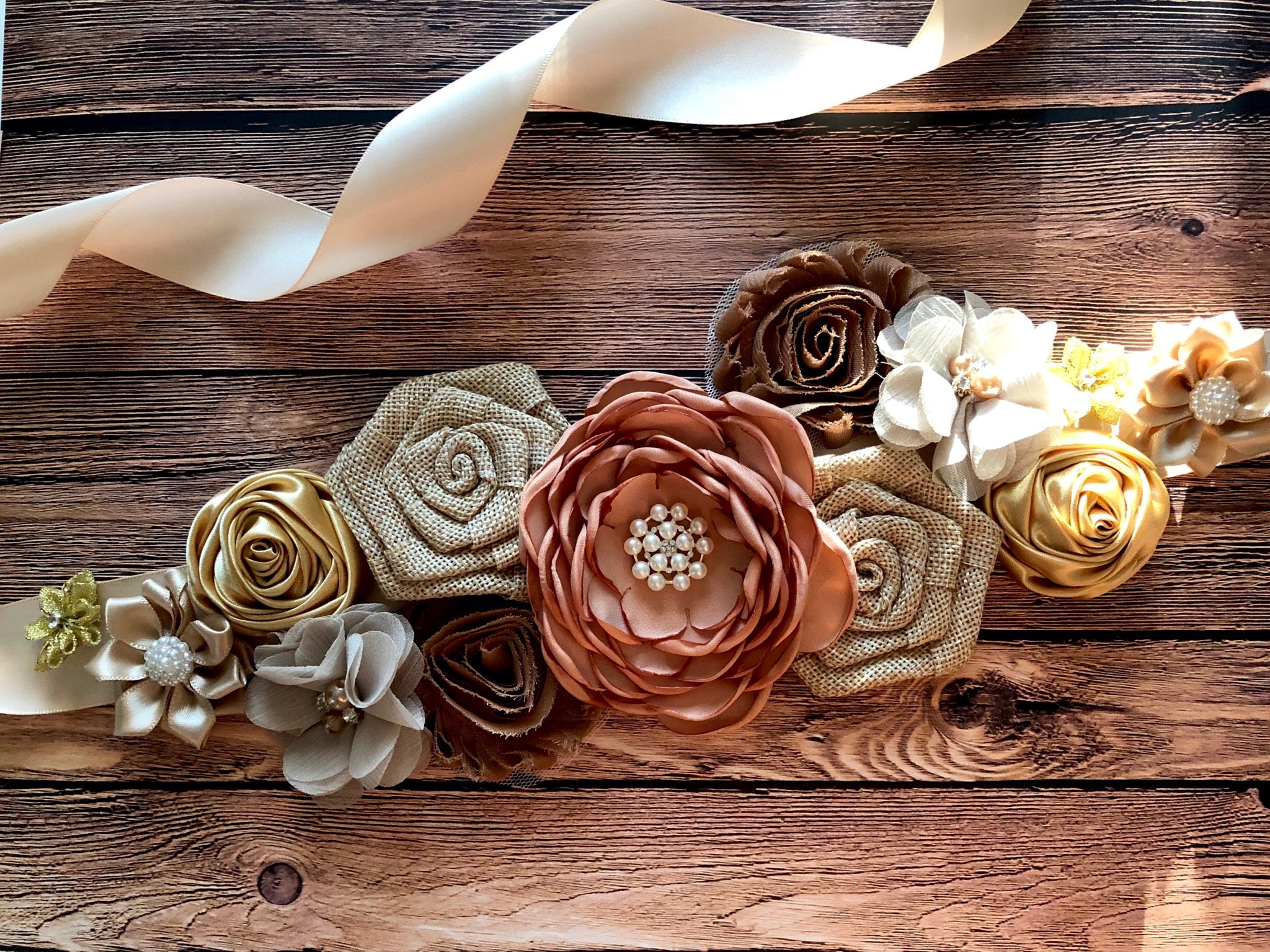 Fall Sash Brown Cream Flower Sash Jute Burlap Flowers - Etsy