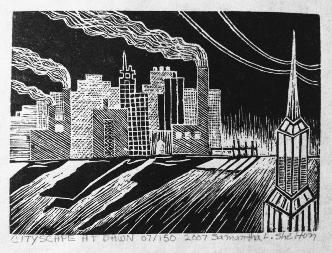 Cityscape at Dawn - Linocut Print - Etsy