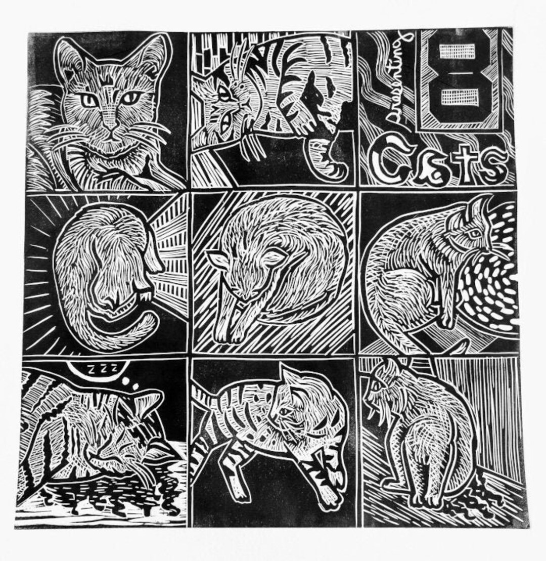 8 Cats - Linocut Print - Etsy