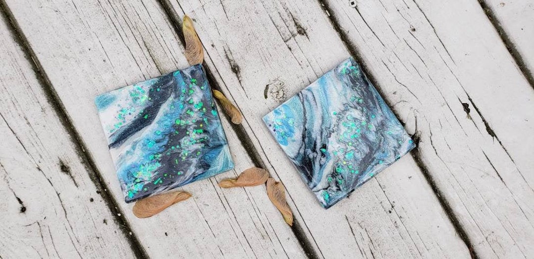 BLUE Marble Coasters, Blue Marble Decor, Home and Living, Blue Resin ...