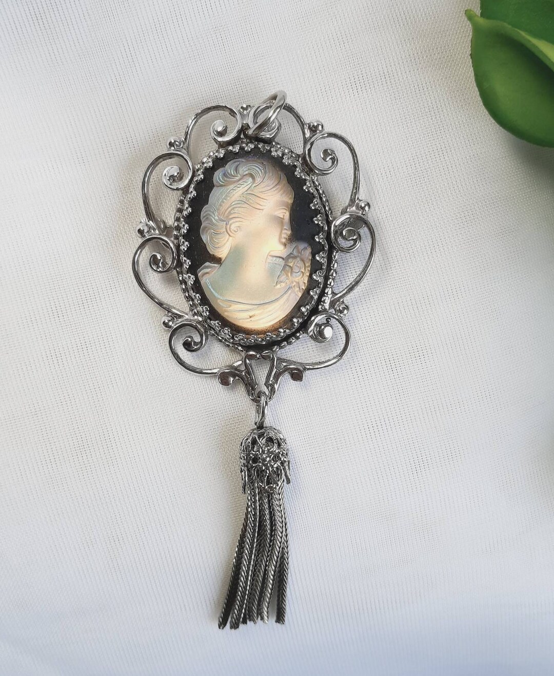 Iridescent Cameo on Black Background Silver Brooch With Hanging Tassel ...