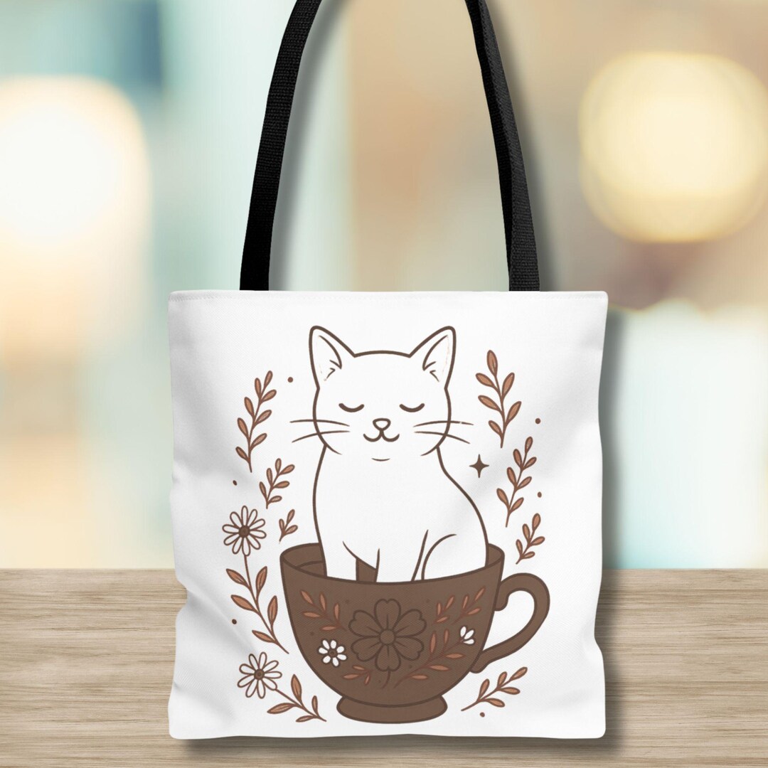 Cat in Teacup Coffee Lover Tote Bag Gift: Kawaii Floral Kitty Purse ...
