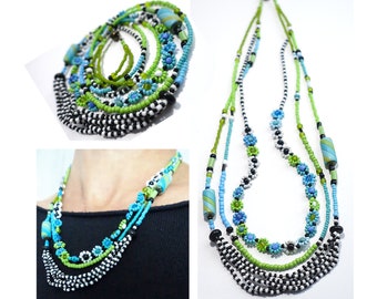 COLLIER plastron multi-rangs REINE du NIL argent, blanc, jaune, bleu et ...