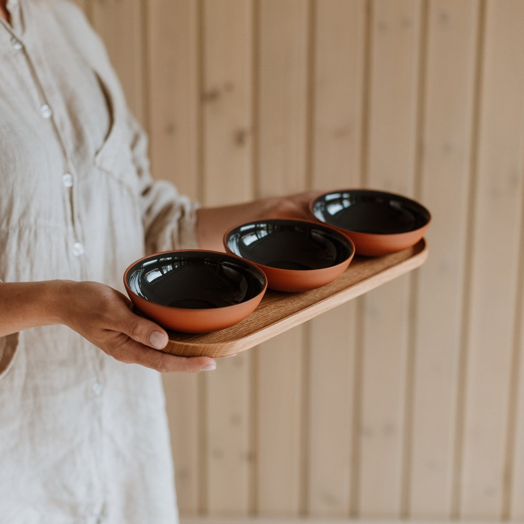 Set of 3 Terracotta Snack Bowls With Ash Wood Platter | Handmade ...