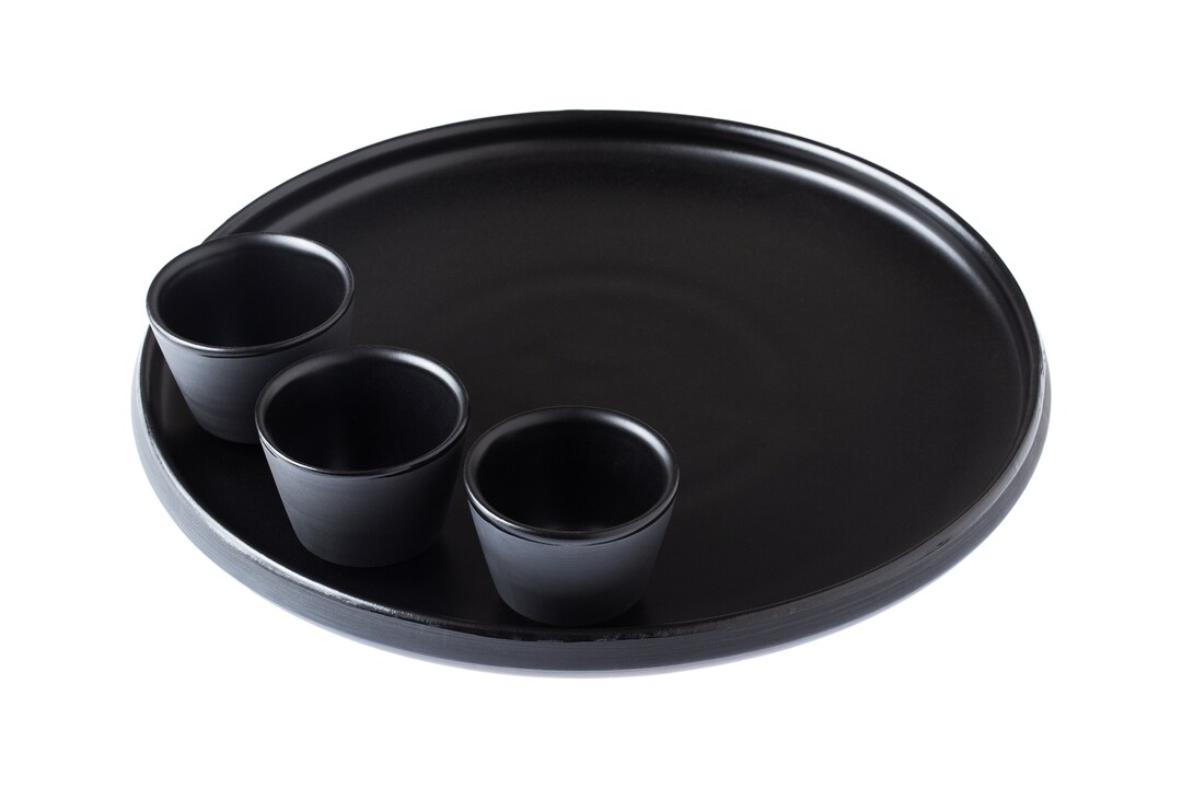 Snack Plate/platter Set With 3 Dip Bowls Matte Black Ceramic - Etsy