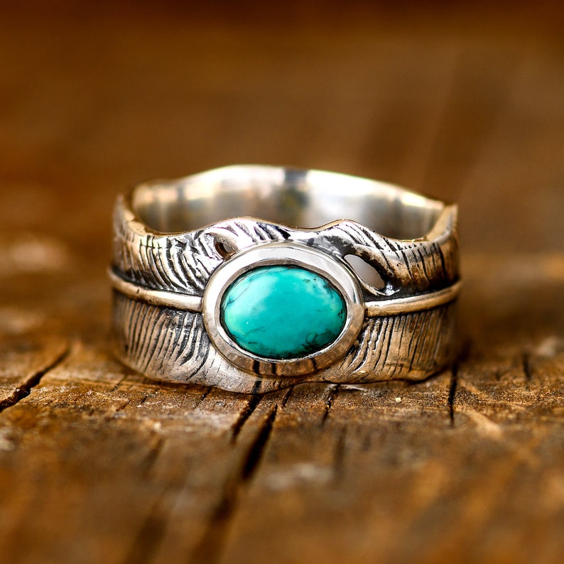 Feather Turquoise Mens Ring Sterling Silver Ring for Men - Etsy