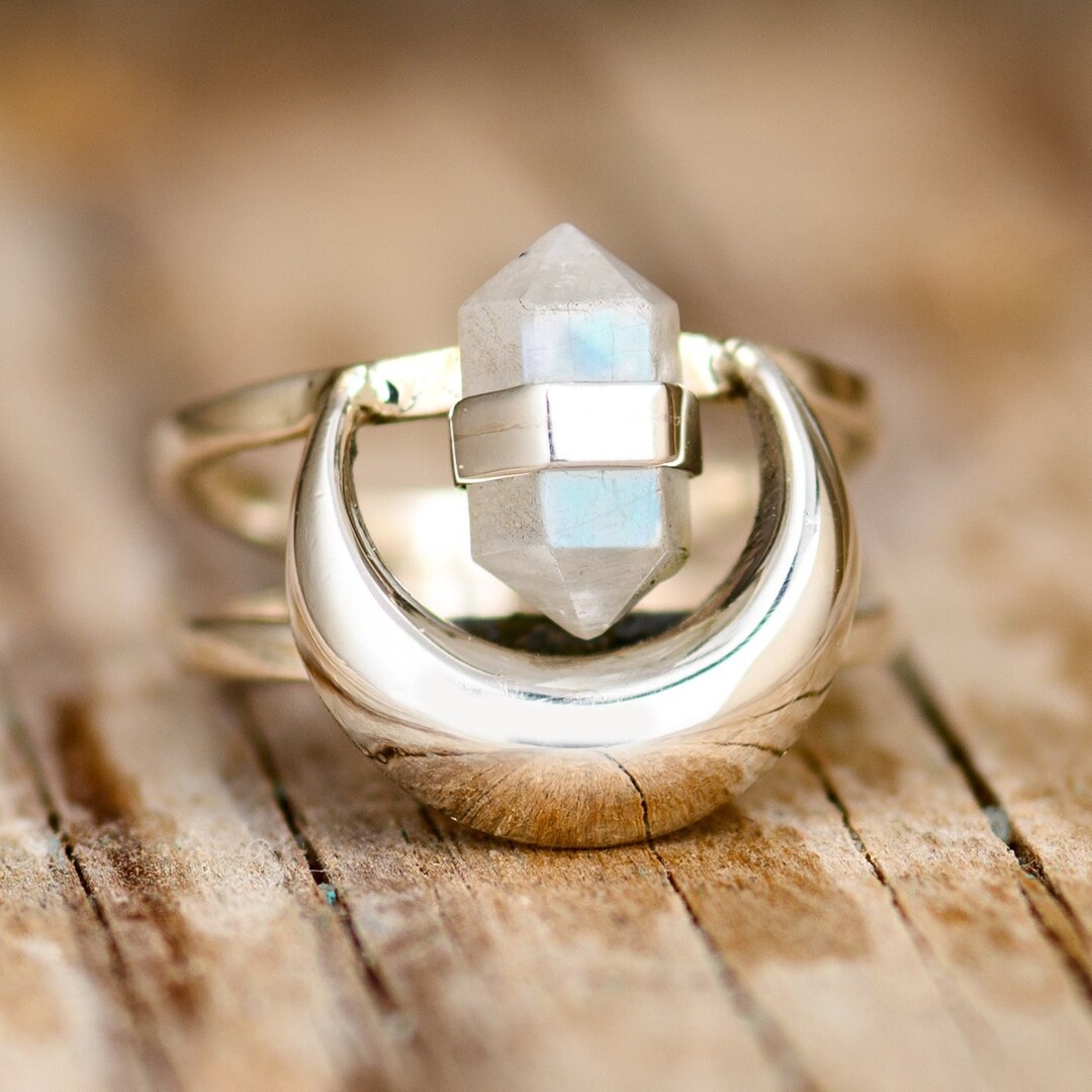 Crescent Moon Ring, Crystal Point Moonstone Ring, Sterling Silver Ring ...