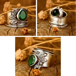 Green Onyx Spinner Ring | Sterling Silver Fidget Ring With Leaf Design ...