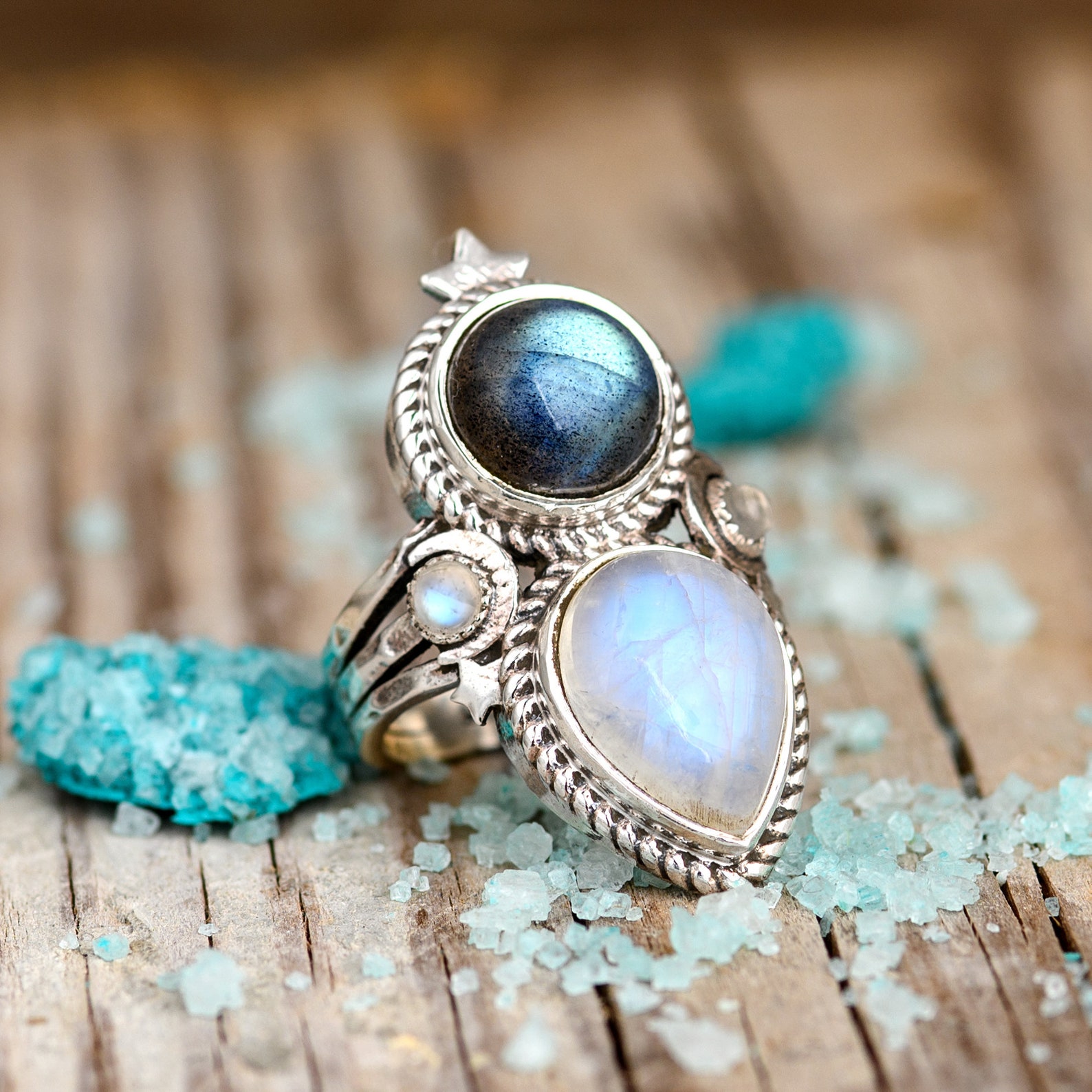 Moonstone and Labradorite Ring Stars and Moon Ring Chunky - Etsy