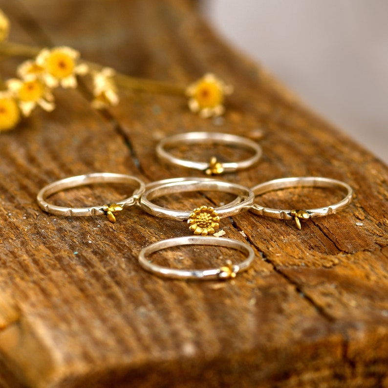 Bees and Sunflower Ring, Stacking Ring Set, Sterling Silver Rings for ...