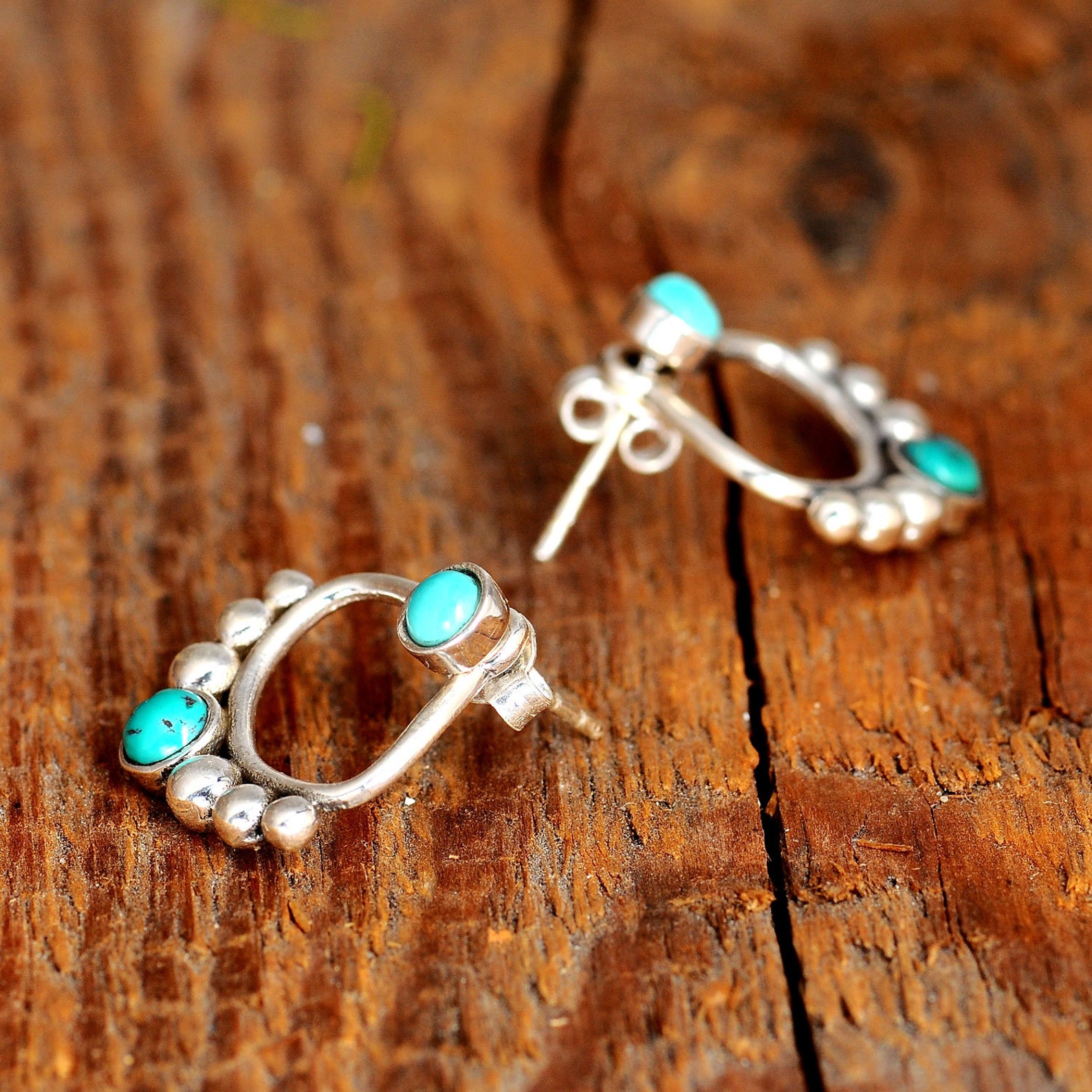 Turquoise Earrings Ear Jacket Stud, Sterling Silver, Front Back ...
