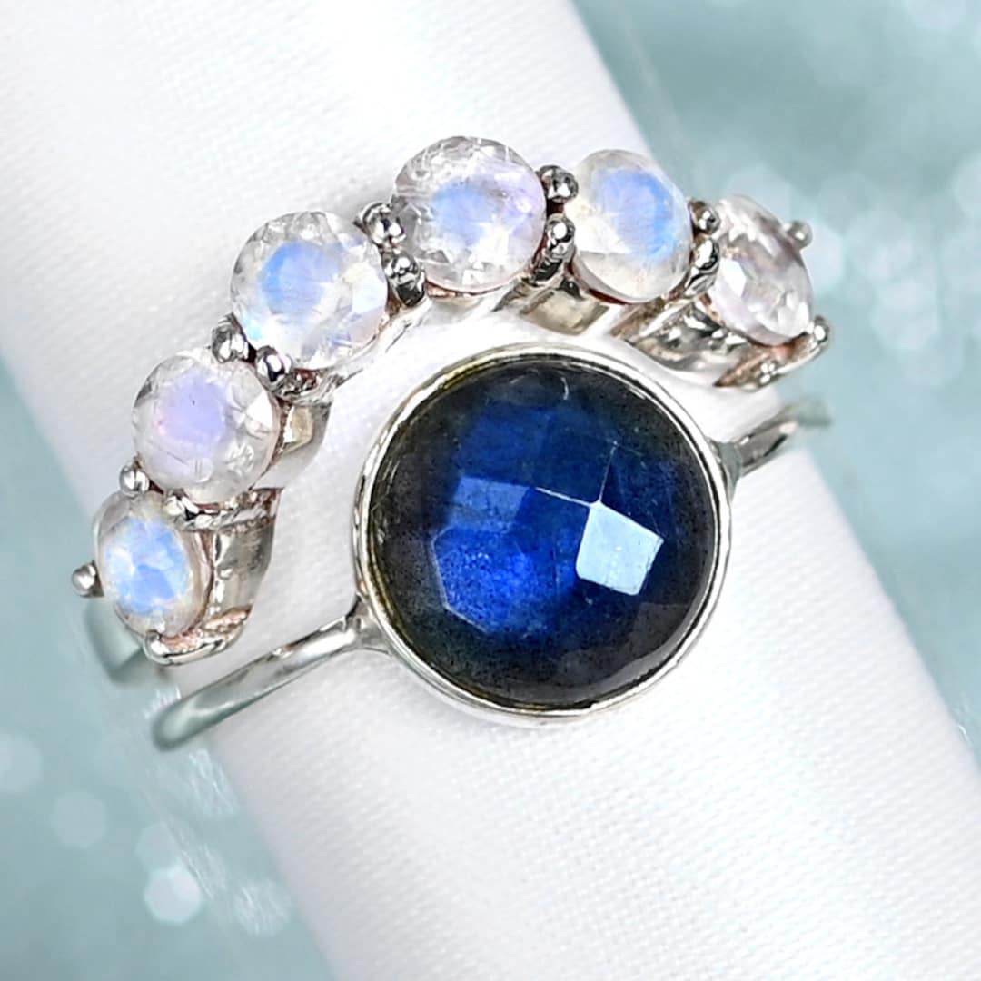 Labradorite and Moonstone Stacking Ring Set for Women, Sterling Silver ...