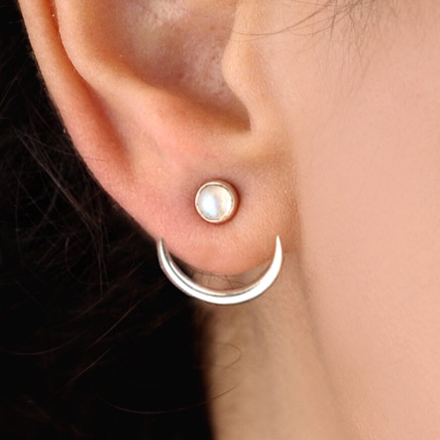 Crescent Moon Moonstone Earrings Sterling Silver Ear Jacket - Etsy