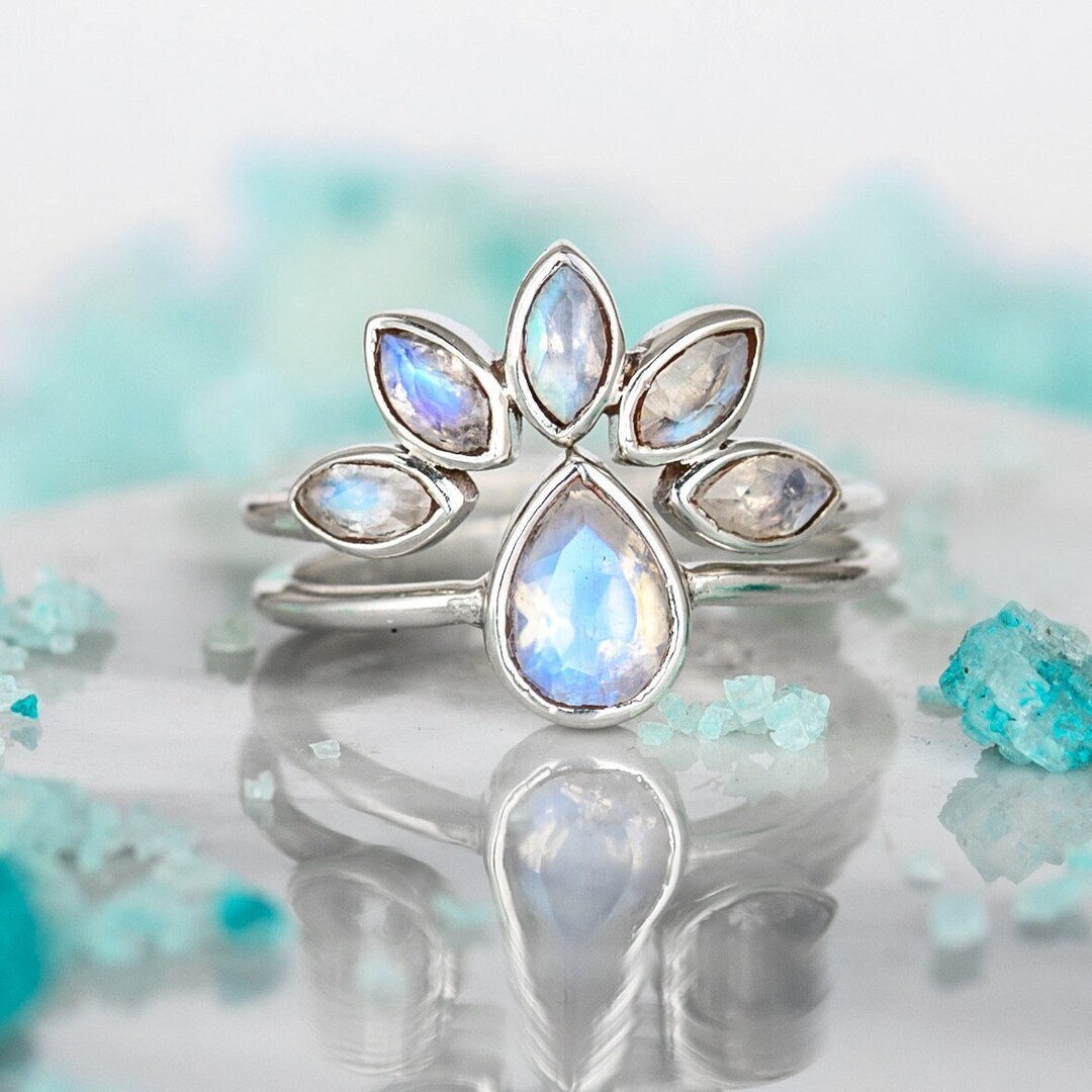 Moonstone Stacking Ring Set, Sterling Silver Rings for Women, Teardrop ...