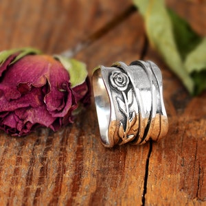 Rose Ring, Spinner Ring, Sterling Silver Ring for Women, Flower Ring ...