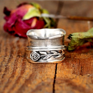 Rose Ring, Spinner Ring, Sterling Silver Ring for Women, Flower Ring ...