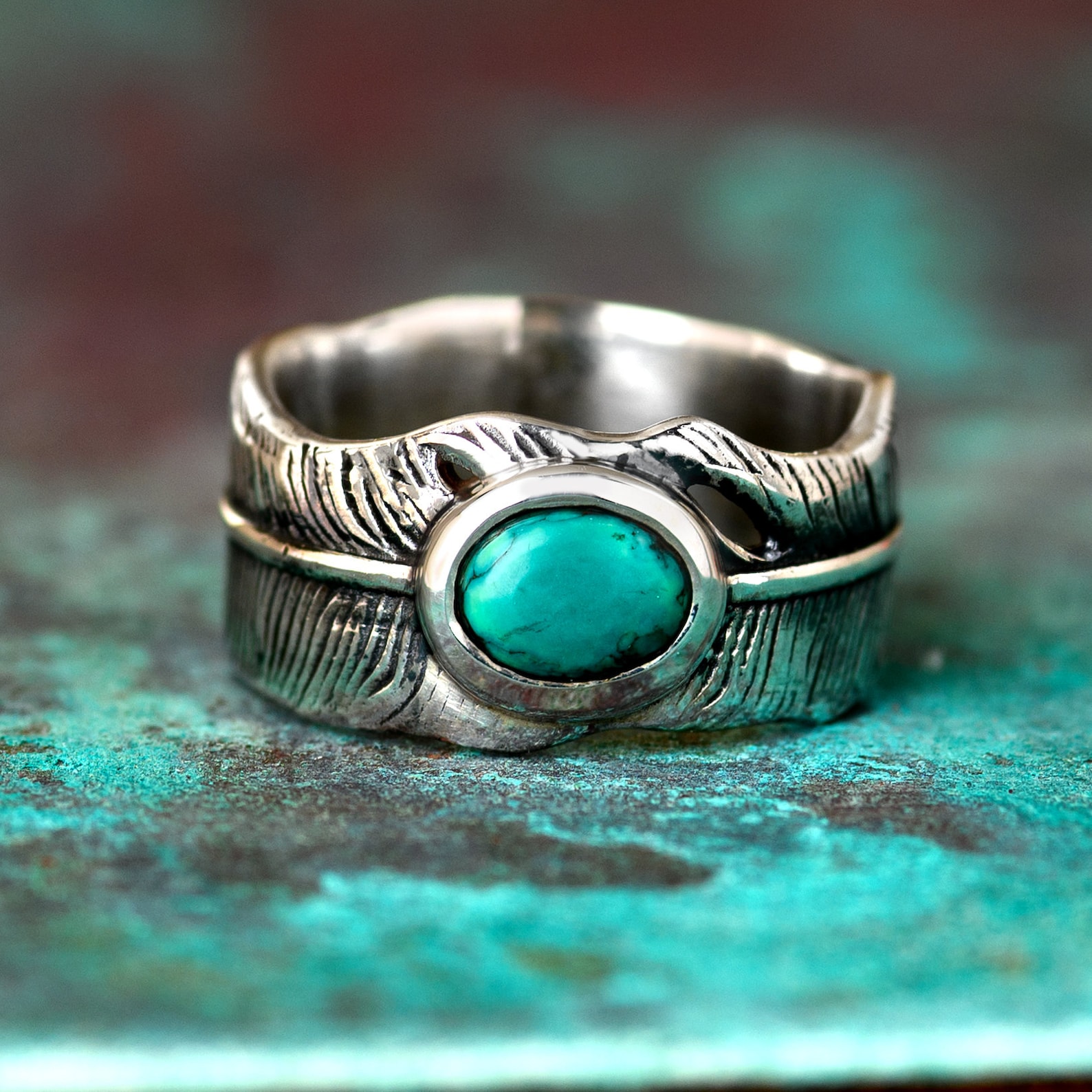 Feather Turquoise Mens Ring Sterling Silver Ring for Men - Etsy