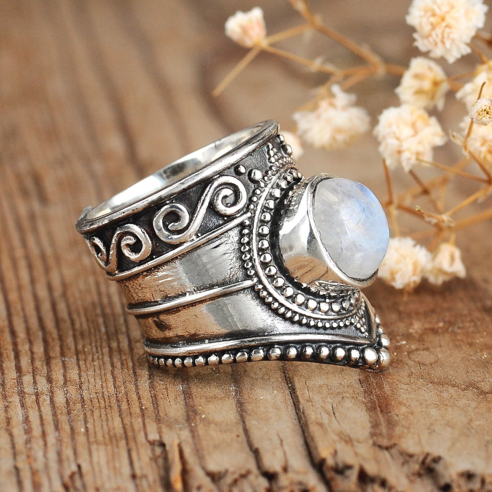 Boho Moonstone Ring Sterling Silver Ring for Women Statement - Etsy