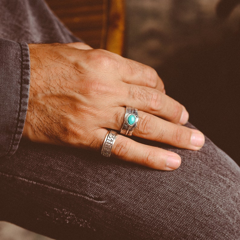 Feather Turquoise Mens Ring Sterling Silver Ring for Men - Etsy