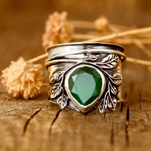 Green Onyx Spinner Ring | Sterling Silver Fidget Ring With Leaf Design ...