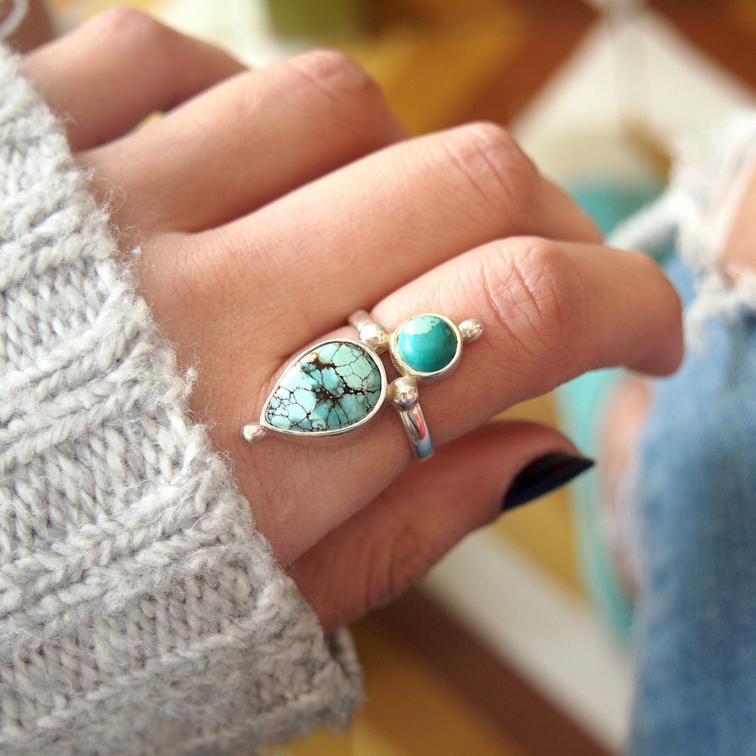 Boho Turquoise Ring, Sterling Silver Ring for Women, Dual Birthstone ...