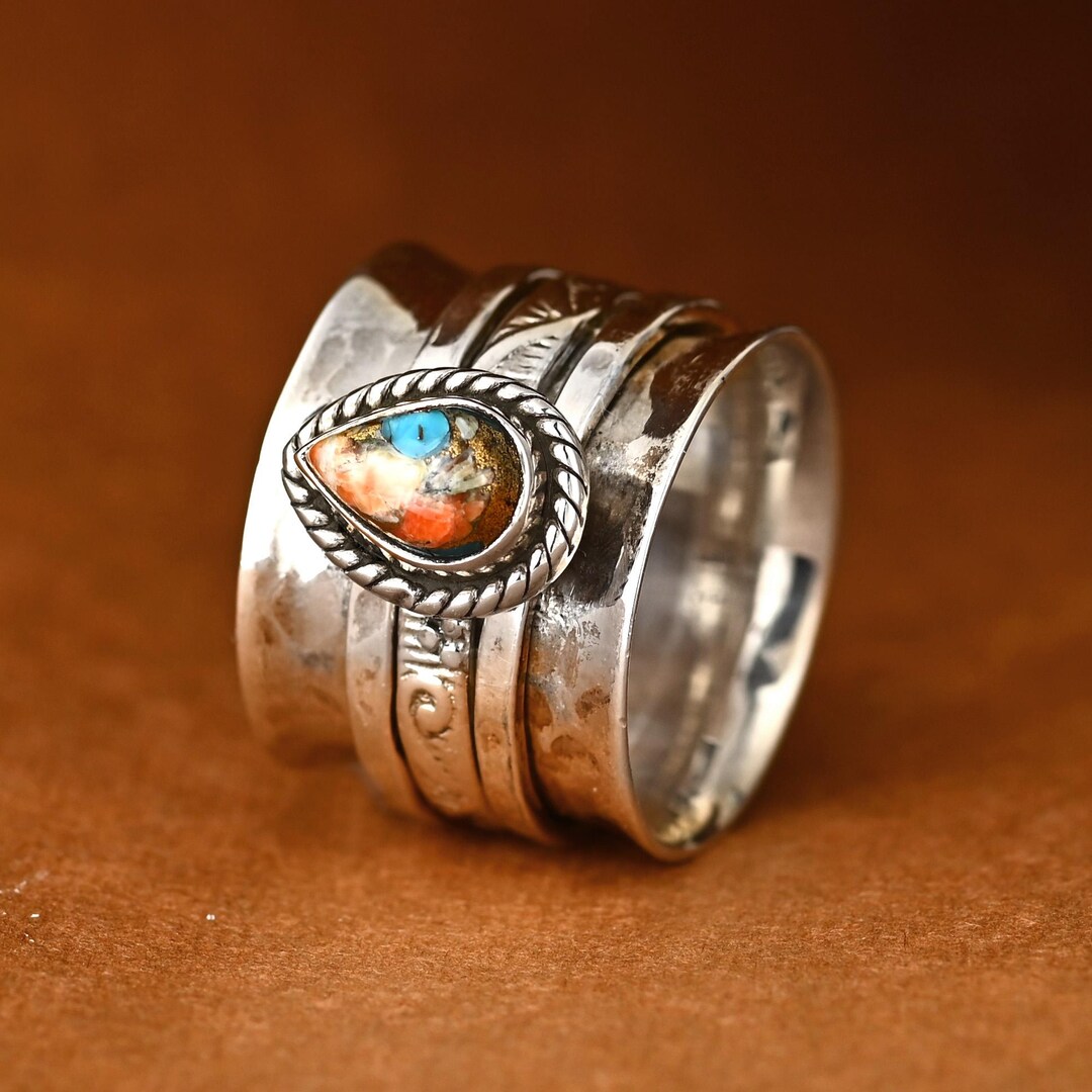 Oyster Copper Turquoise Fidget Ring | Sterling Silver Spinner Ring ...