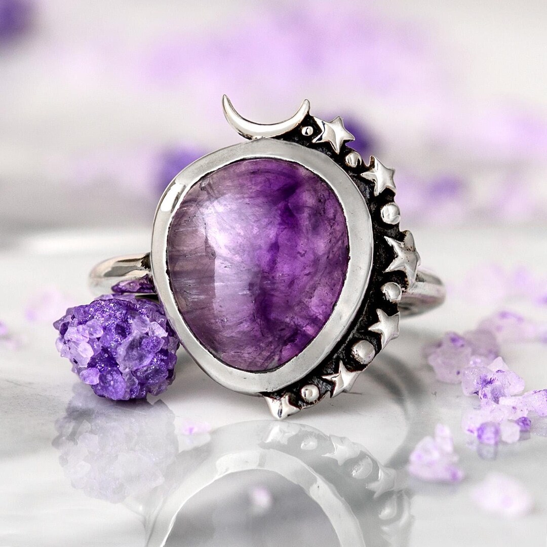 Amethyst Celestial Ring | Sterling Silver Moon and Star Gemstone Ring ...