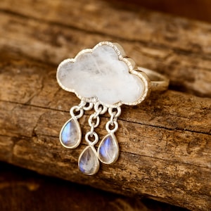 Cloud and Raindrops Moonstone Ring for Women, Sterling Silver Ring ...