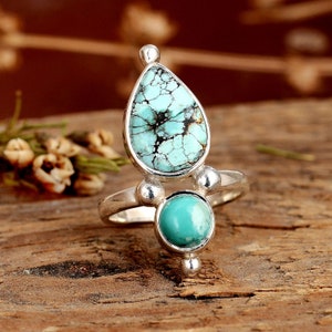 Boho Turquoise Ring, Sterling Silver Ring for Women, Dual Birthstone ...