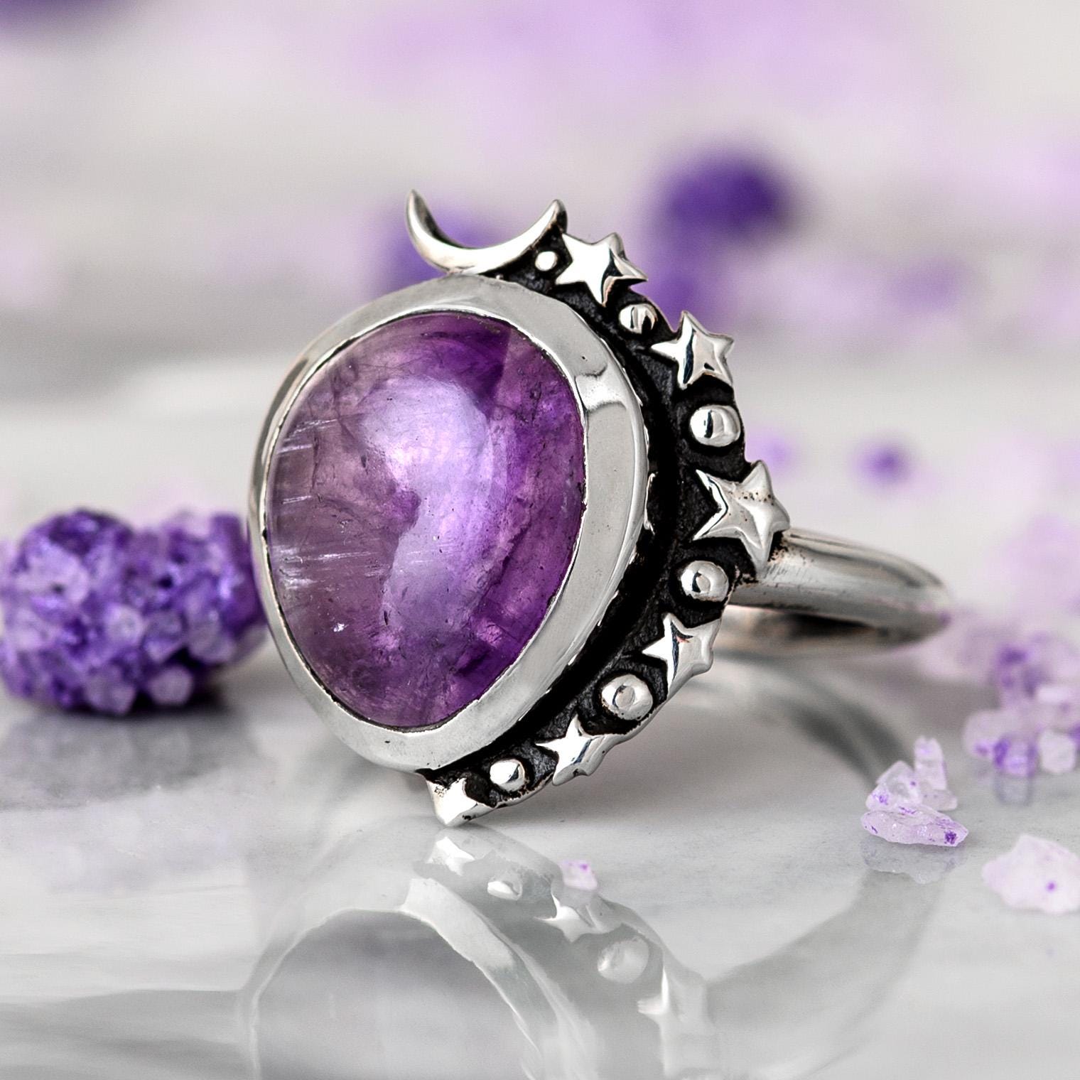 Amethyst Celestial Ring | Sterling Silver Moon and Star Gemstone Ring ...
