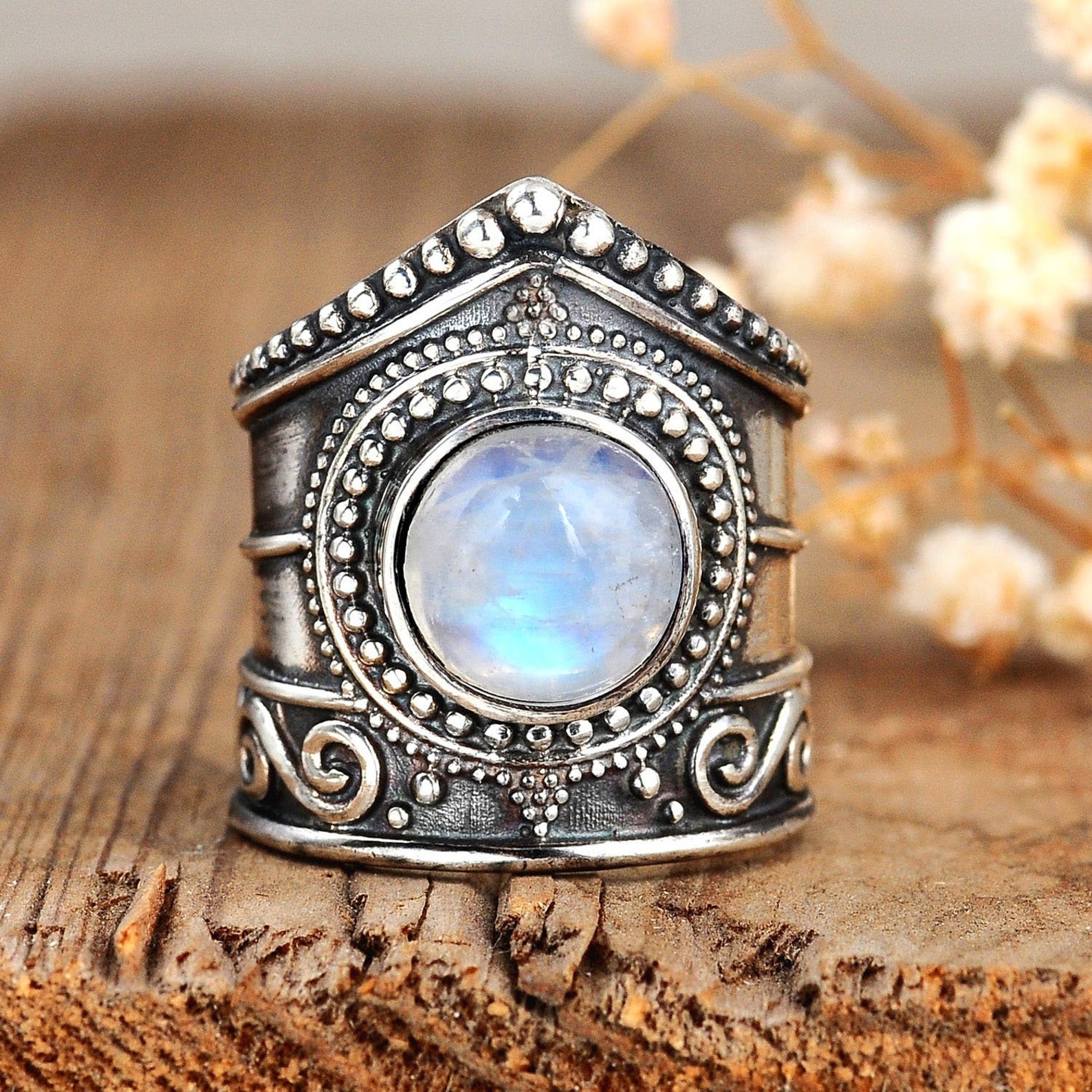 Boho Moonstone Ring Sterling Silver Ring for Women Statement - Etsy