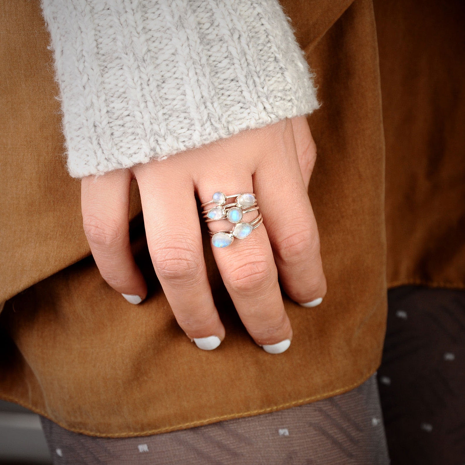 6 Moonstone Rings Stacked, Stacking Ring, Sterling Silver Ring for ...