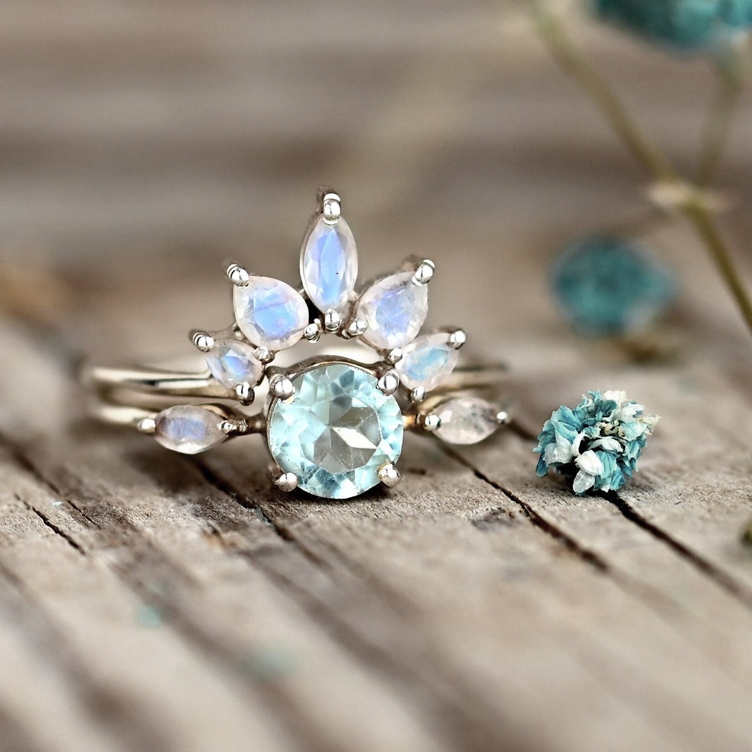 Aquamarine and Moonstone Stacking Ring Set for Women, Sterling Silver ...