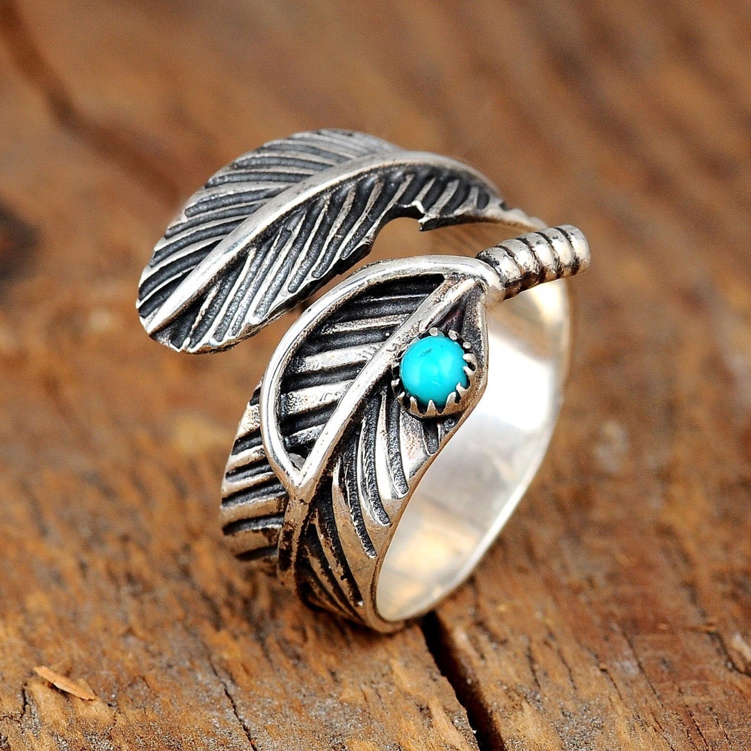 Boho Feather Ring, Sterling Silver Ring for Women, Adjustable Turquoise ...