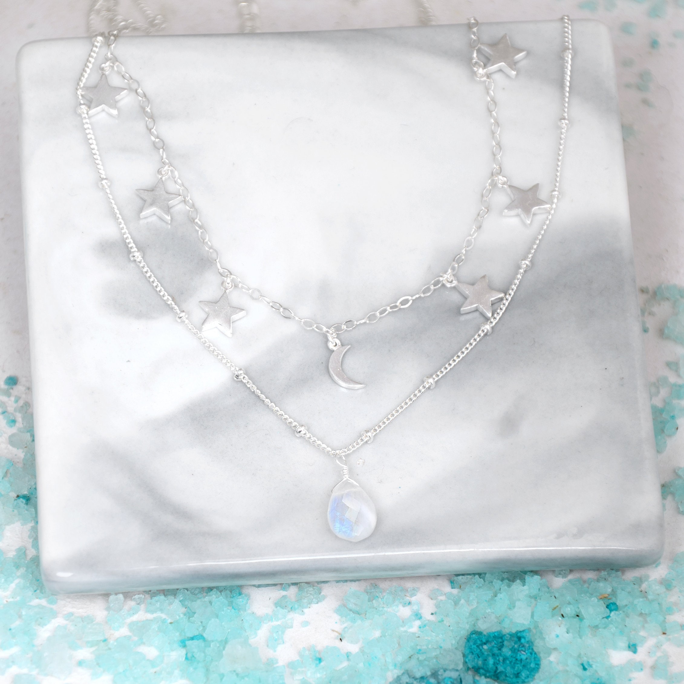 Moonstone Stars and Moon Necklace Layered Necklace Set | Etsy